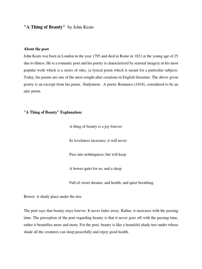 "A Thing of Beauty" by John Keats: About The Poet | PDF | Poetry | John ...