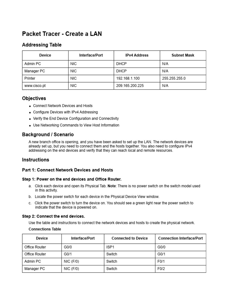 Packet Tracer - Create A LAN | Download Free PDF | Ip Address ...