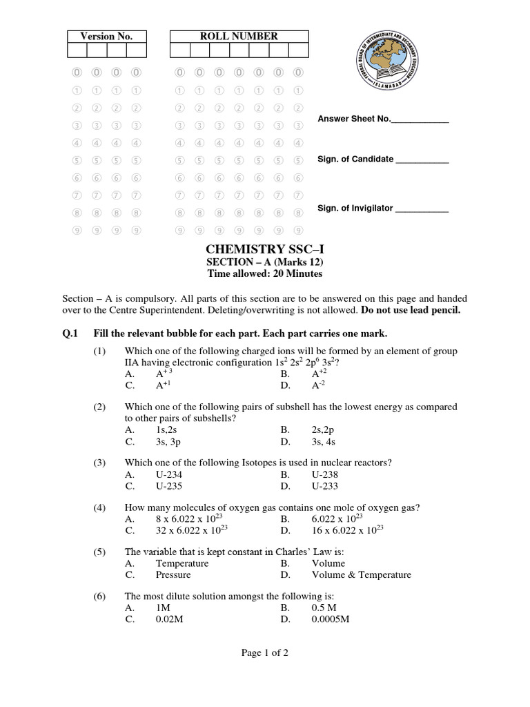 SSC Chemistry Model Question Paper 2023 | PDF