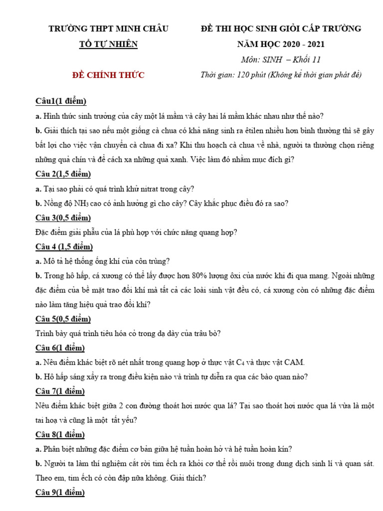 De Hoc Sinh Gioi Cap Truong Sinh Hoc 11 Nam 2020 2021 Truong THPT Minh Chau Hung Yen | PDF