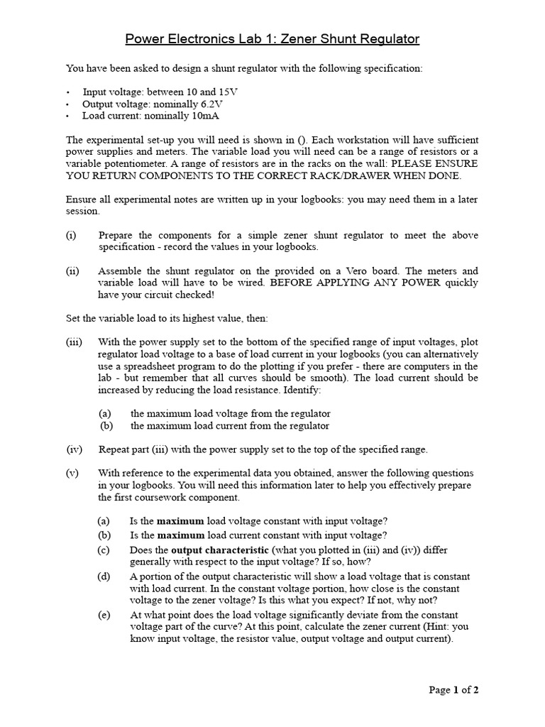 Zener Shunt Regulator Lab Guide | PDF | Power Supply | Resistor