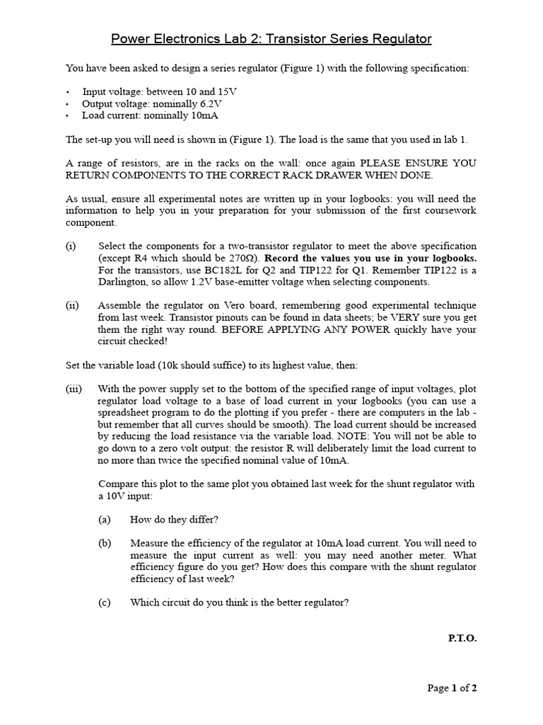 Transistor Series Regulator Lab Guide | PDF | Transistor | Resistor