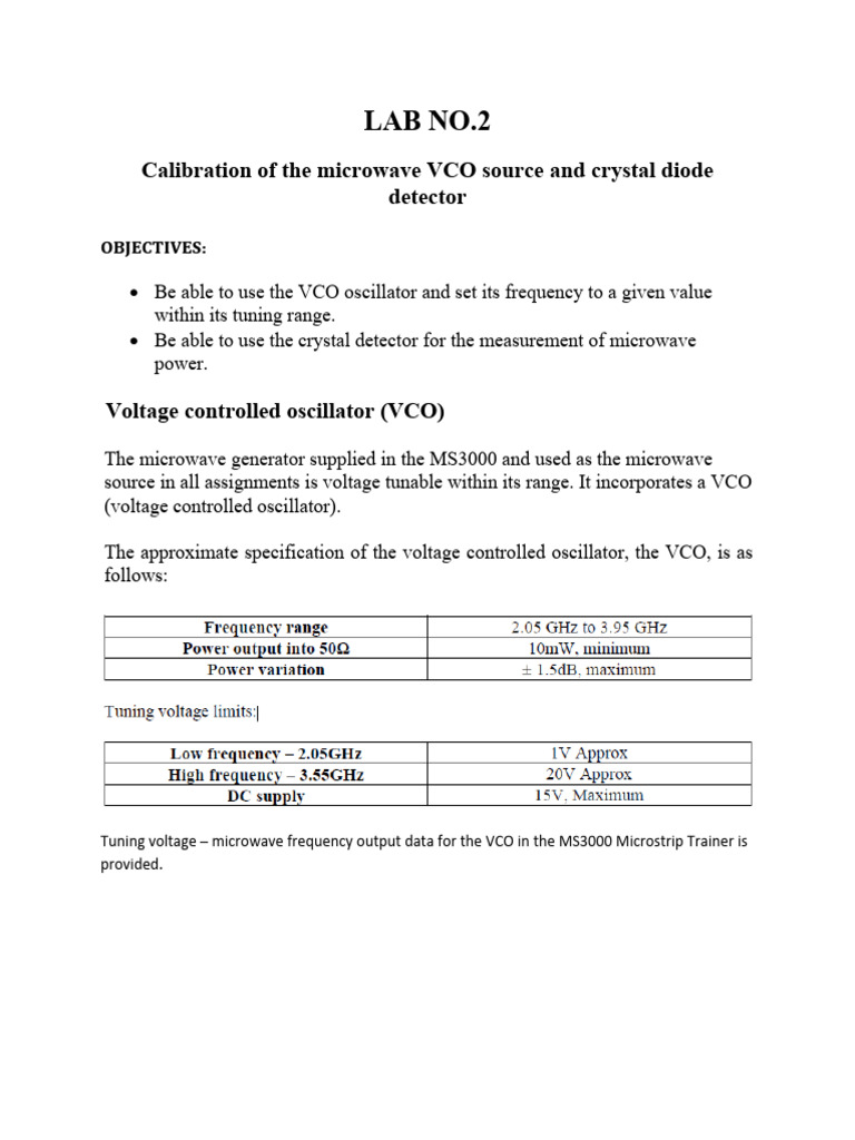 Lab No.2: Calibration of The Microwave VCO Source and Crystal Diode Detector | PDF