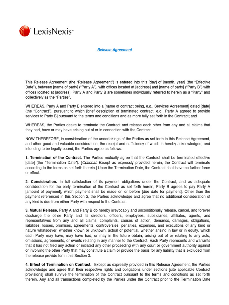 Release Agreement for Contract Termination | PDF | Consideration ...