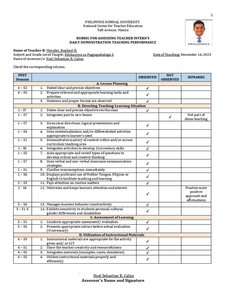 Morales Demo Teaching Rubric | PDF