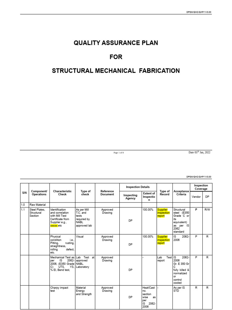 QAP_STRUCTURAL MECHANICAL FABRICATION | PDF | Materials | Building Materials