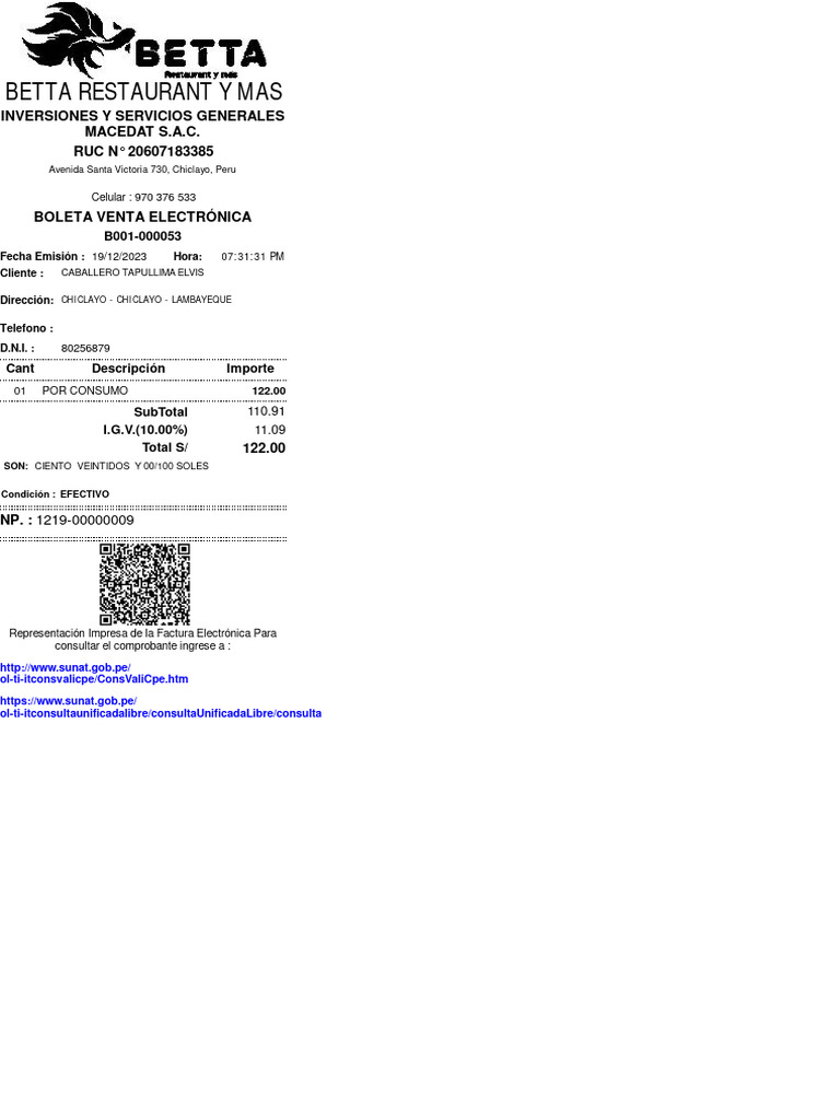 Boleta de Venta Electrónica Betta Restaurant | PDF | Finanzas y dinero ...