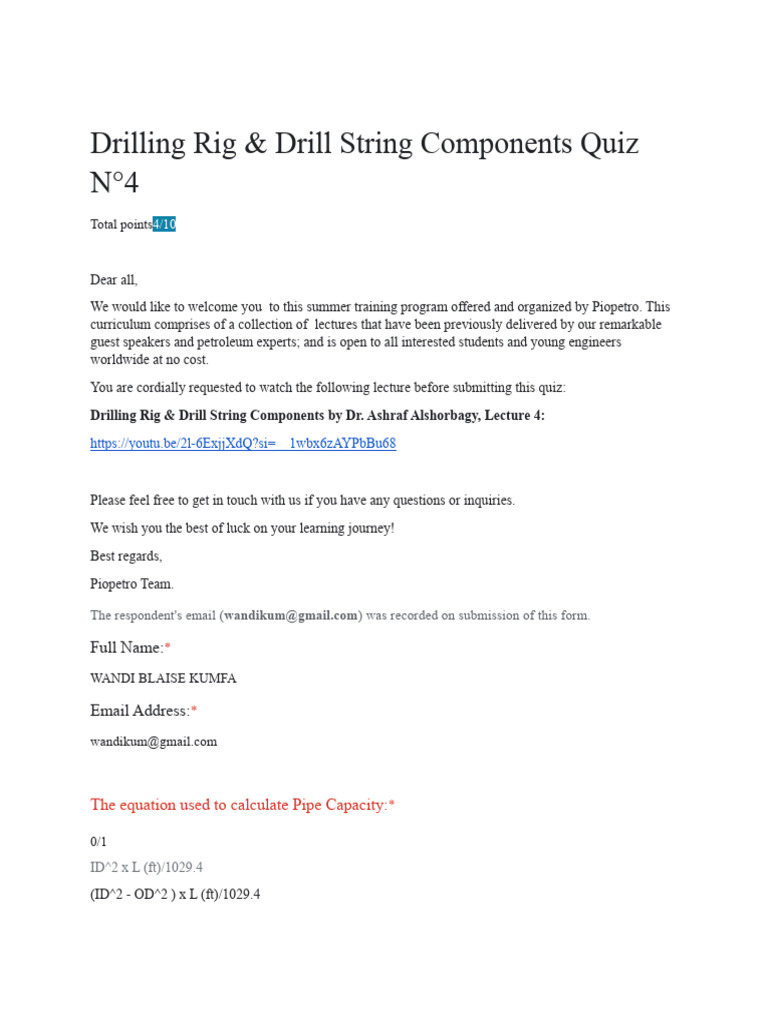 Drilling Rig & Drill String Components (Quiz 4) | PDF Drilling Rig & Drill String Components (Quiz 4) | PDF