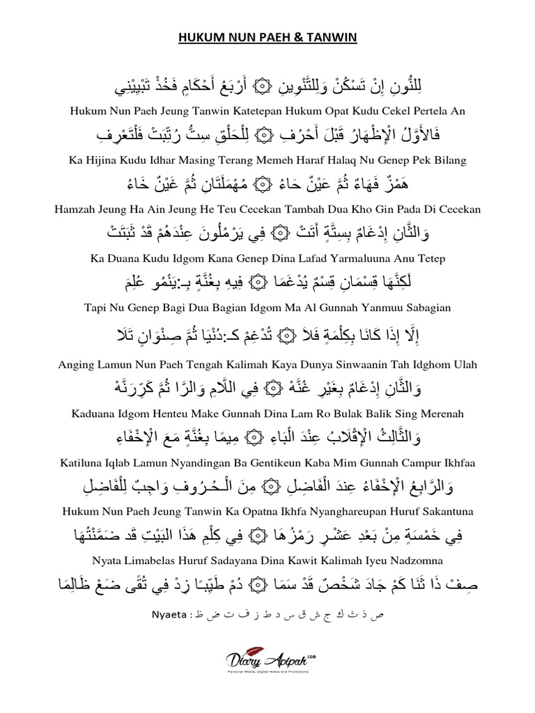 Nadom Tajwid Nun Sukun Dan Tanwin | PDF
