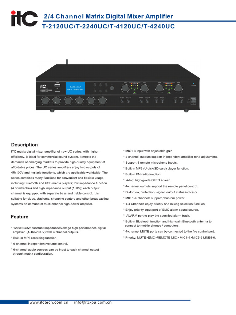 2/4 Channel Matrix Digital Mixer Amplifier T-2120UC/T-2240UC/T-4120UC/T ...