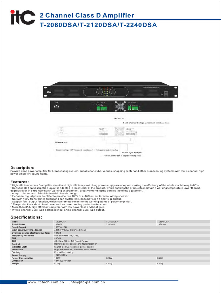 2 Channel Class D Amplifier T-2060DSA/T-2120DSA/T-2240DSA: Specifications | PDF | Amplifier ...