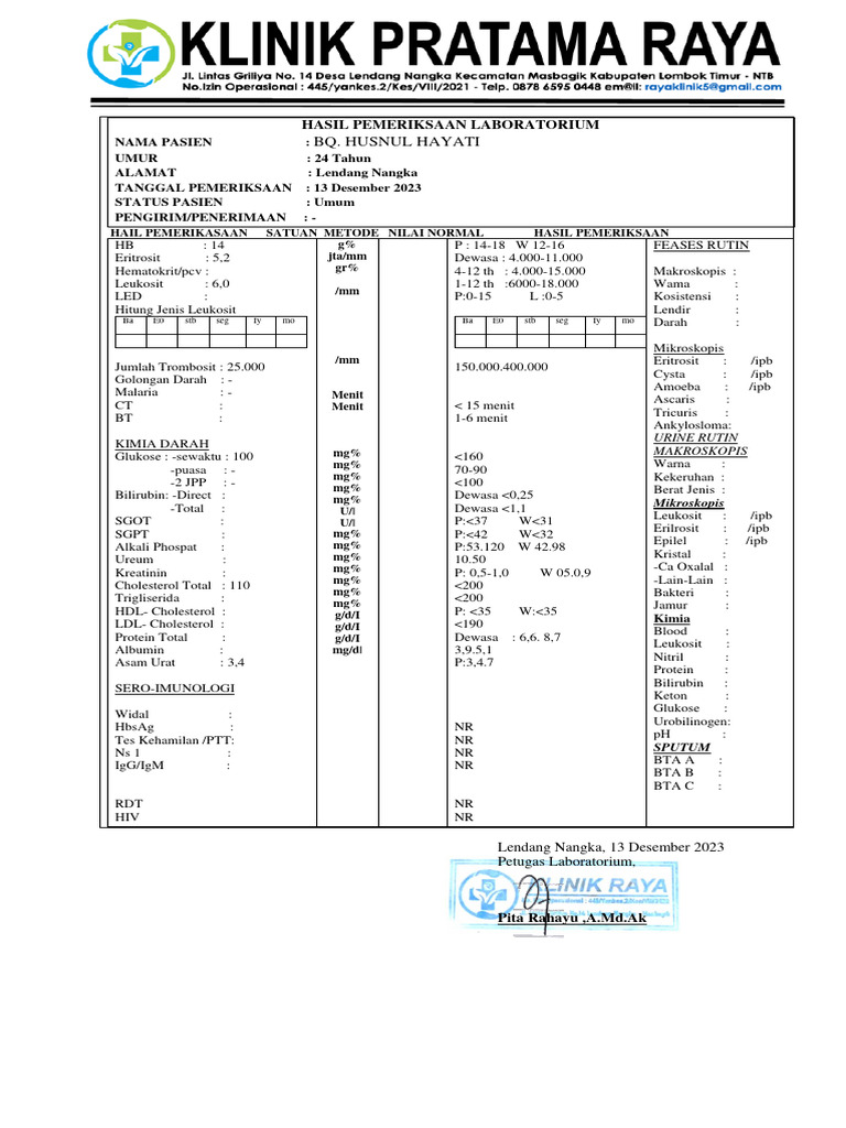 Hasil Pemeriksaan Laboratorium Pasien BQ | PDF