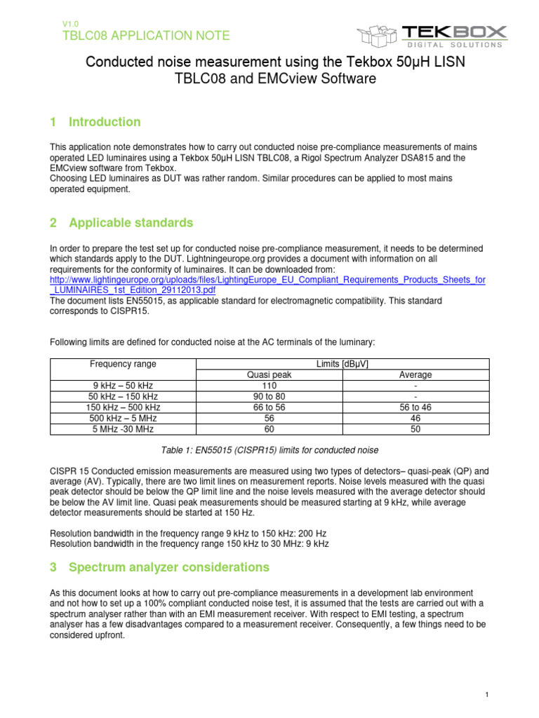 AN Conducted Noise Measurement - Tekbox LISN TBLC08 - EMCview | PDF | Hertz | Electrical Engineering