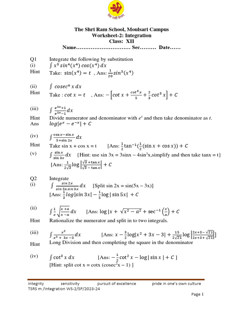 Class XII Integration Worksheet | PDF