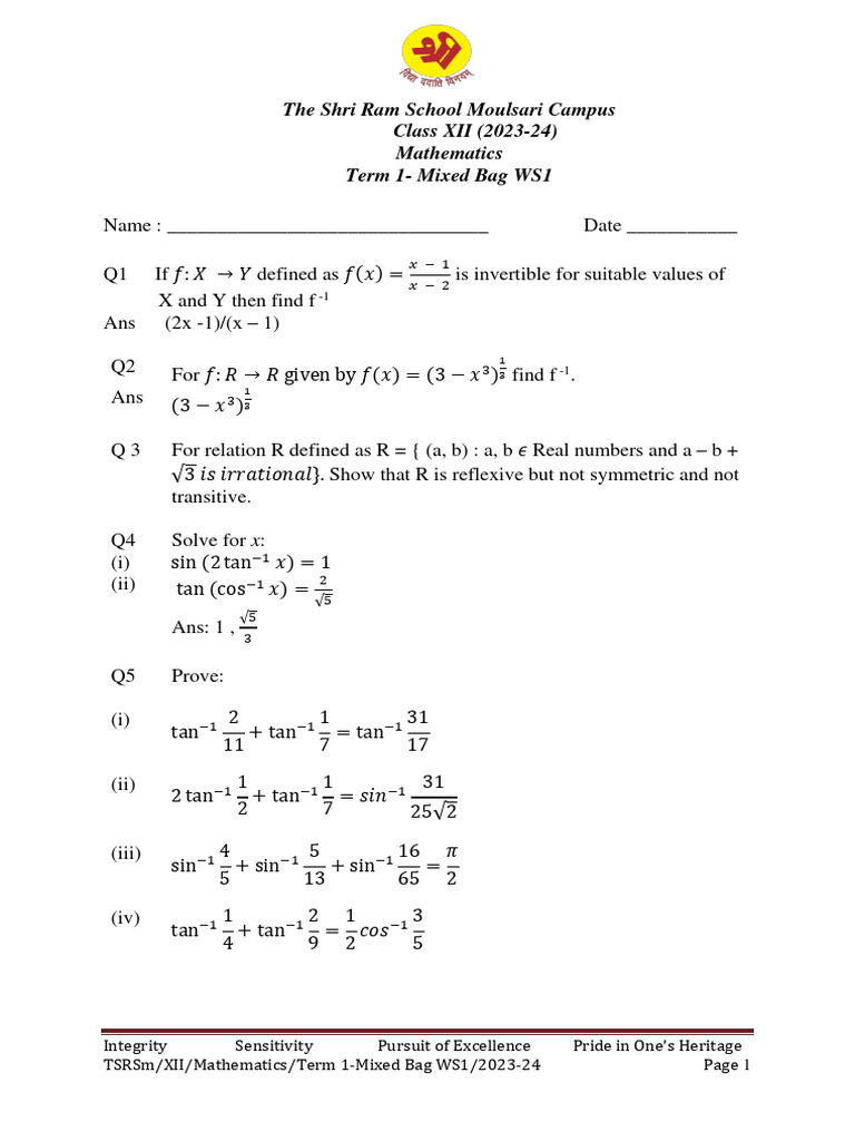 The Shri Ram School Moulsari Campus Class XII (2023-24) Mathematics Term 1-Mixed Bag WS1 | PDF