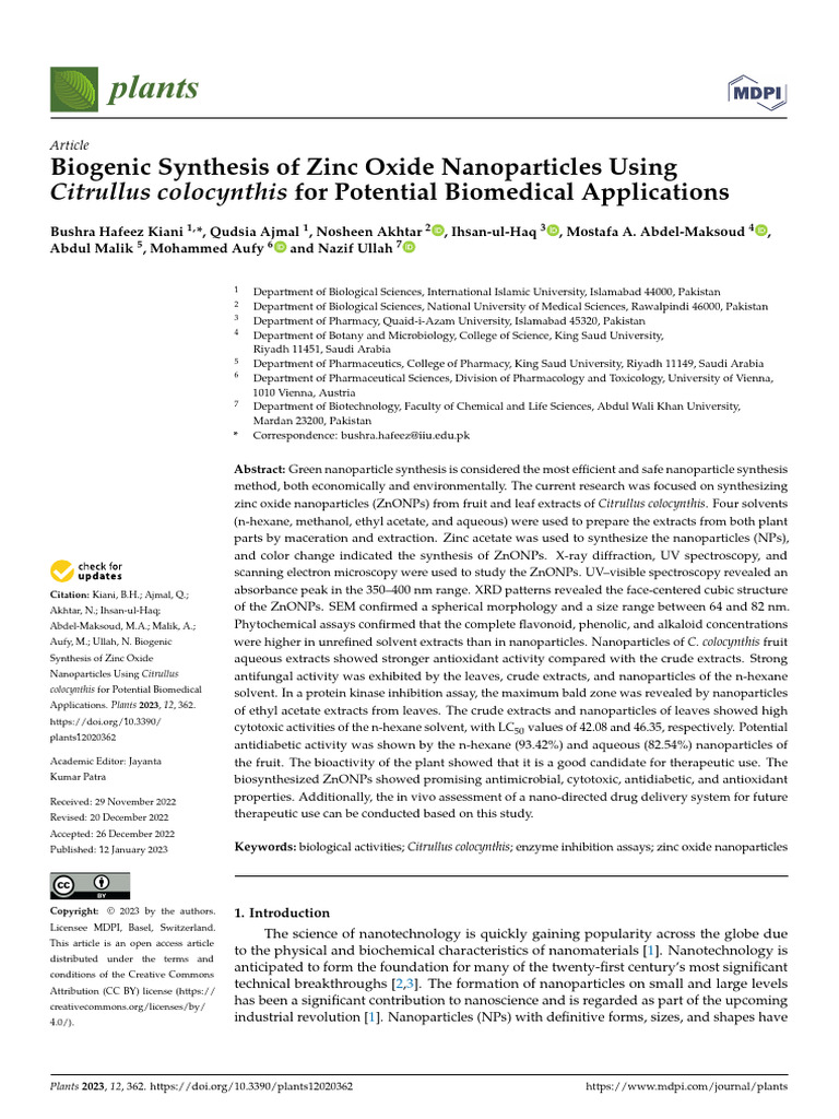 Biogenic Synthesis of Zinc Oxide Nanoparticles Using Citrullus Colocynthis For Potential ...
