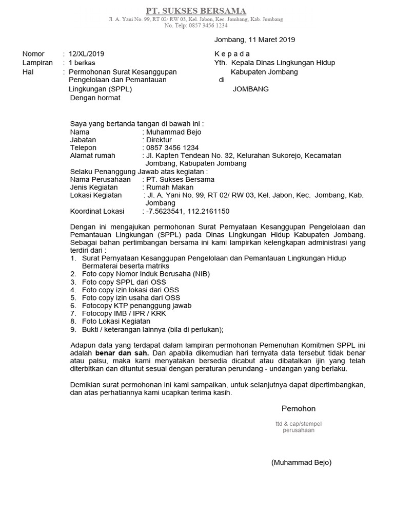 Contoh Pengajuan SPPL | PDF