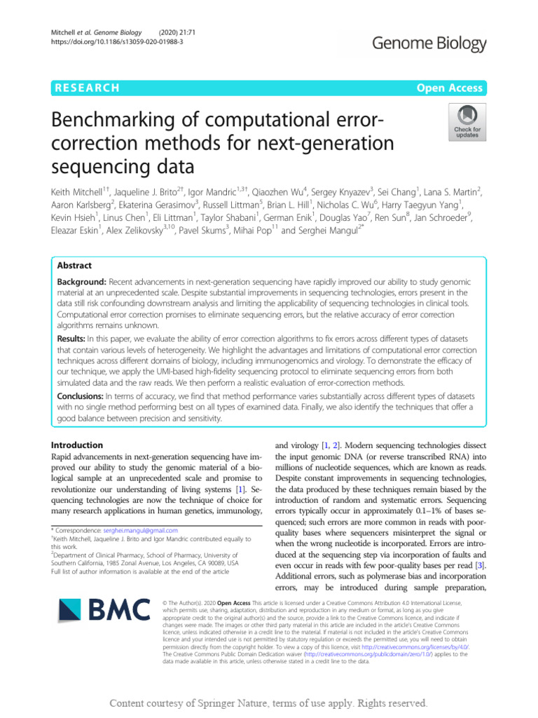 Benchmarking Of Computational Error Correction Met Pdf Dna Sequencing Error Detection And