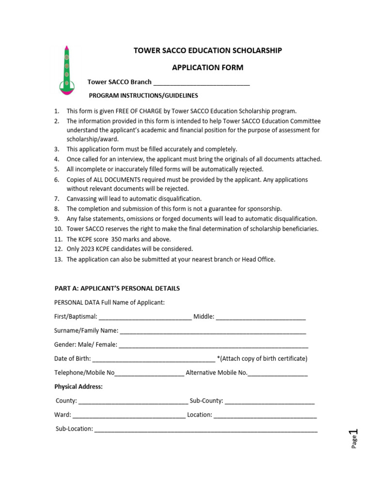 TOWER-SACCO-EDUCATION-SCHOLARSHIP-FORM-2024 | PDF | Disability | Parent