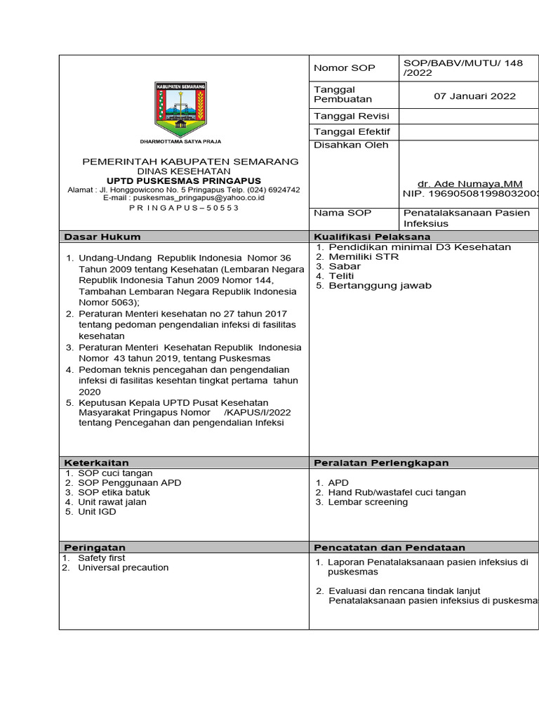 Sop Penatalaksanaan Pasien Infeksius 2022 | PDF