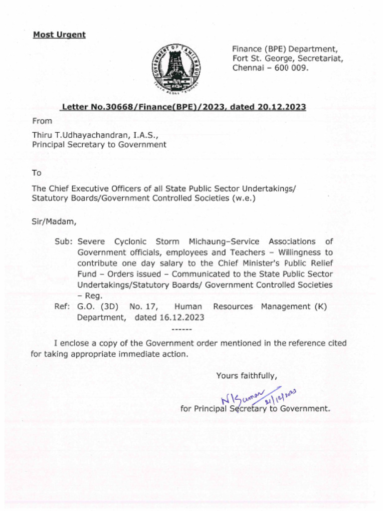 Letter NO.30668-One Day Salary To CMPRF | PDF