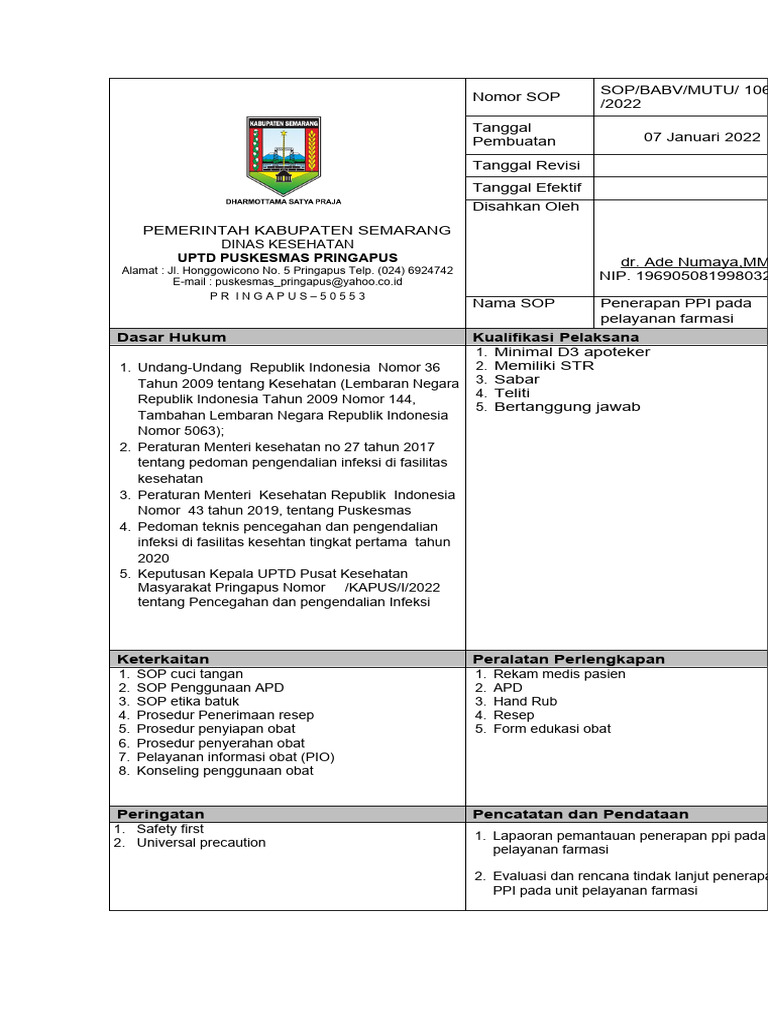 SOP Penerapan PPI Pelayanan Farmasi | PDF