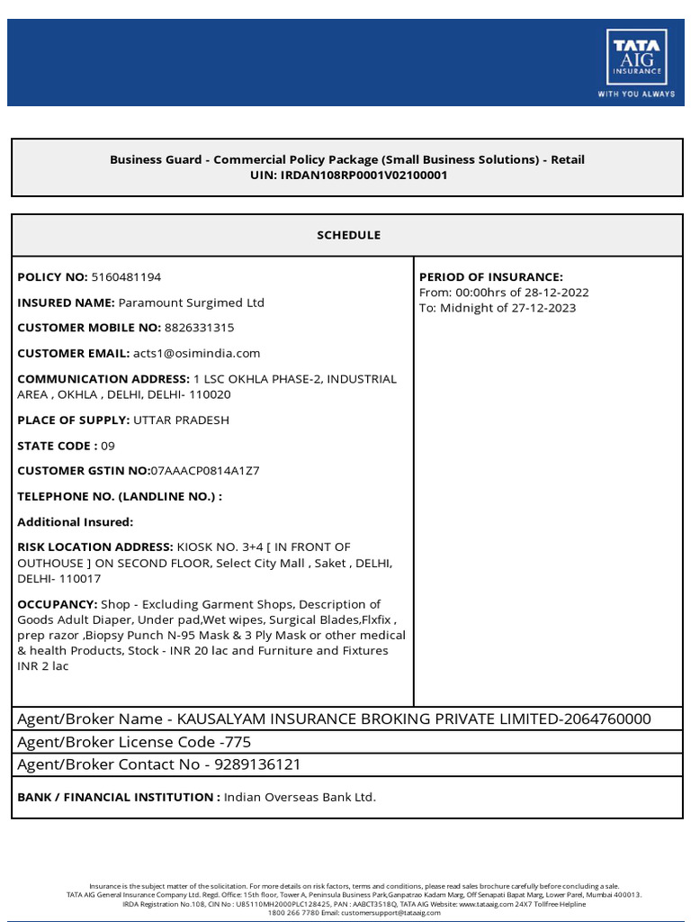 Paramount Surgimed LTD - Policy Issued | PDF | Insurance | Deductible