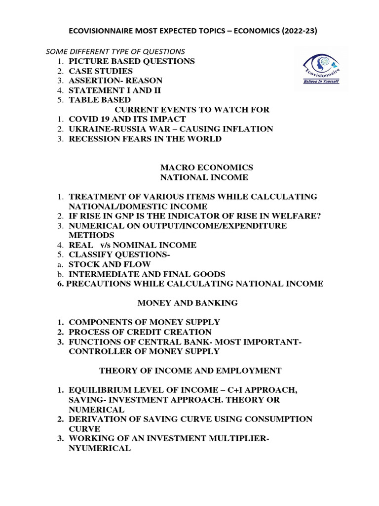 Ecovisionnaire Most Expected Topics | PDF | Balance Of Payments | Government Budget Balance