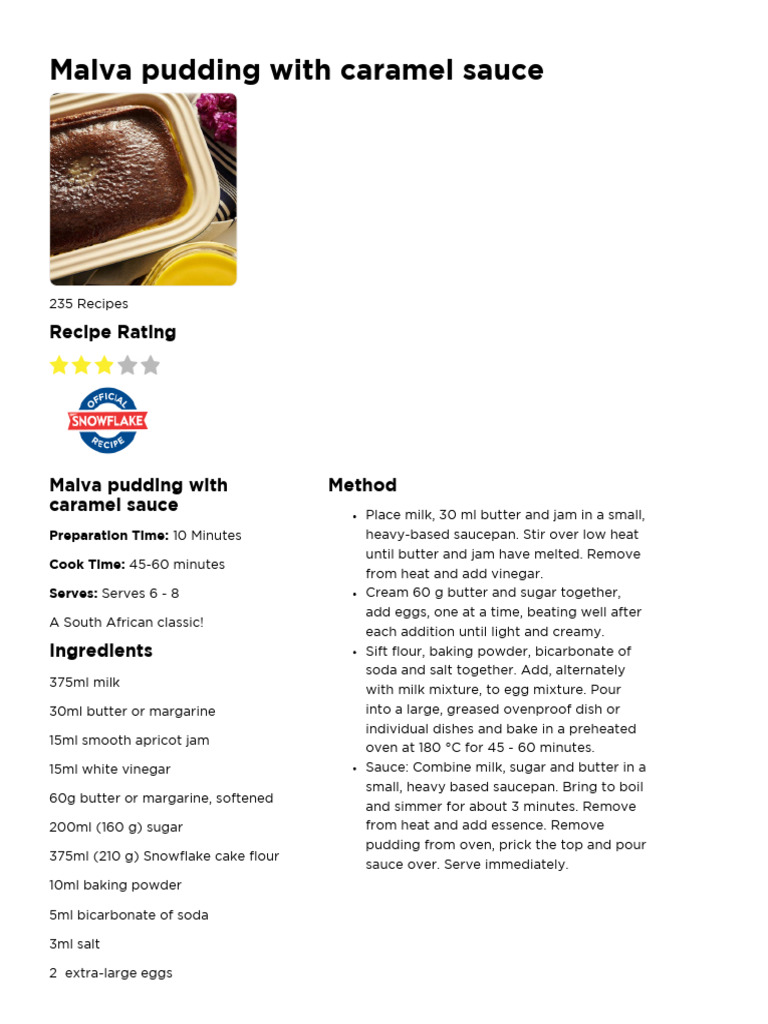 Malva Pudding With Caramel Sauce - Recipes - Snowflake | PDF