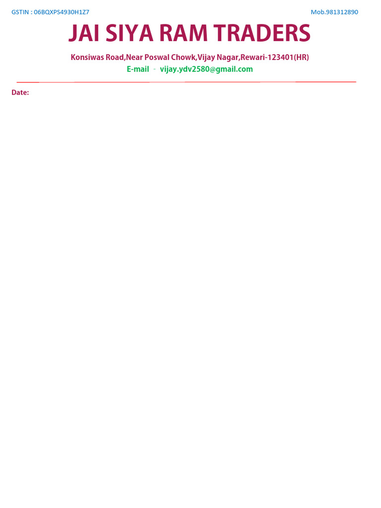 Jai Siya Ram Traders: Konsiwas Road, Near Poswal Chowk, Vijay Nagar, Rewari-123401 (HR) | PDF