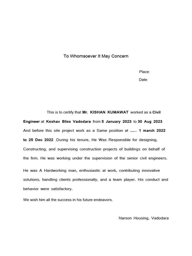 Civil Engineer Experience Certificate Format 1 | PDF