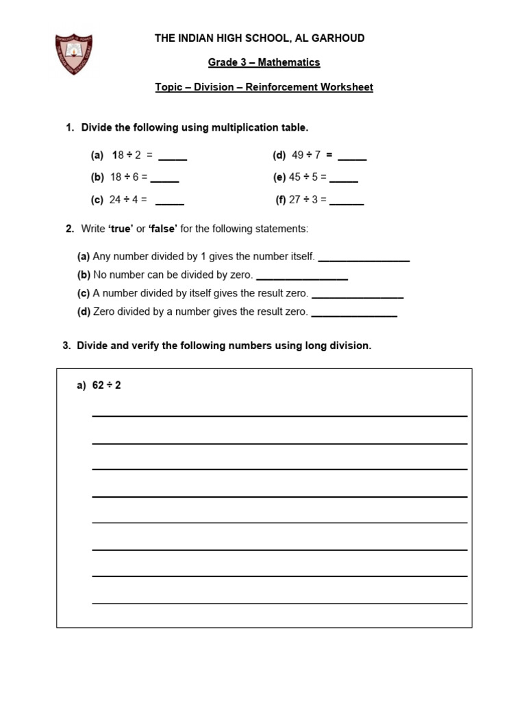 Grade 3 Division Reinforcement Worksheet | PDF