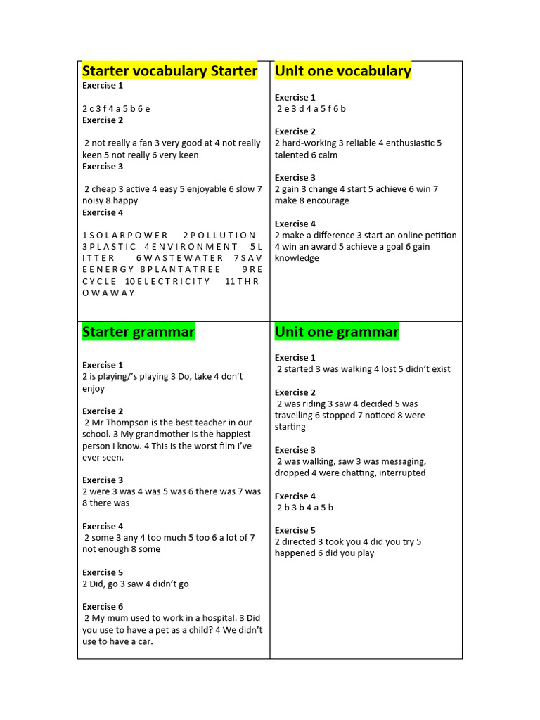 Answer Sheet-Starter and One | PDF