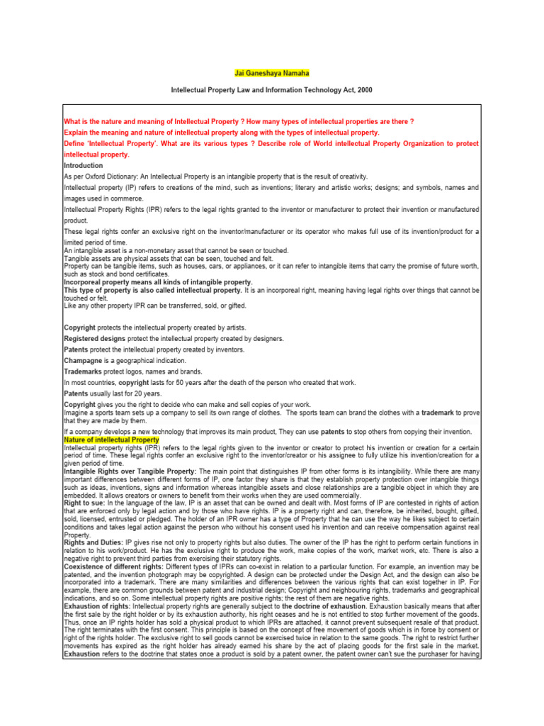 Notes On LLB 6th Semester Subject IP Law and IT Act, 2000 | PDF ...