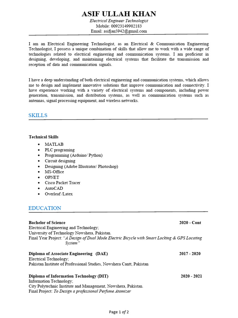 Asif Ullah Khan - CV | PDF | Electrical Engineering | Technical Support