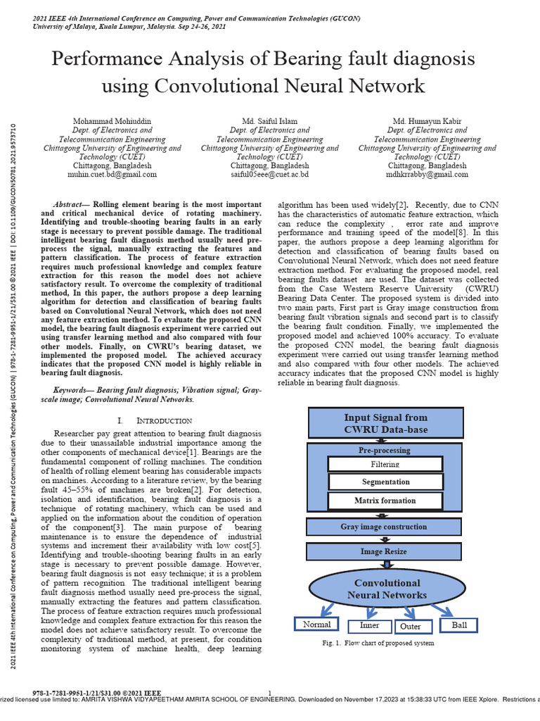 Performance Analysis of Bearing Fault Diagnosis Using Convolutional Neural Network | PDF
