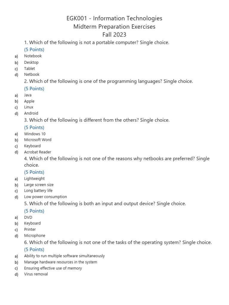 EGK001 - Information Technologies Midterm Preparation Exercises Fall 2023 | PDF | Operating ...