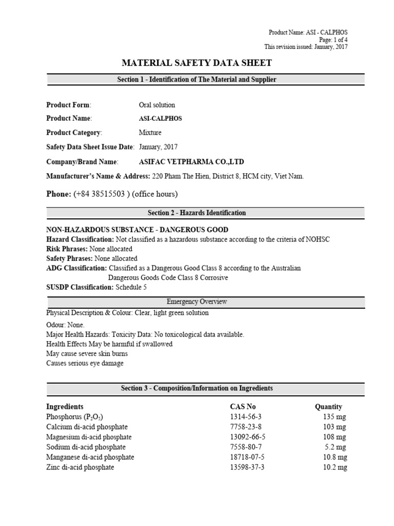 1. MSDS OF ASI-CALPHOS | PDF | Magnesium | Personal Protective Equipment