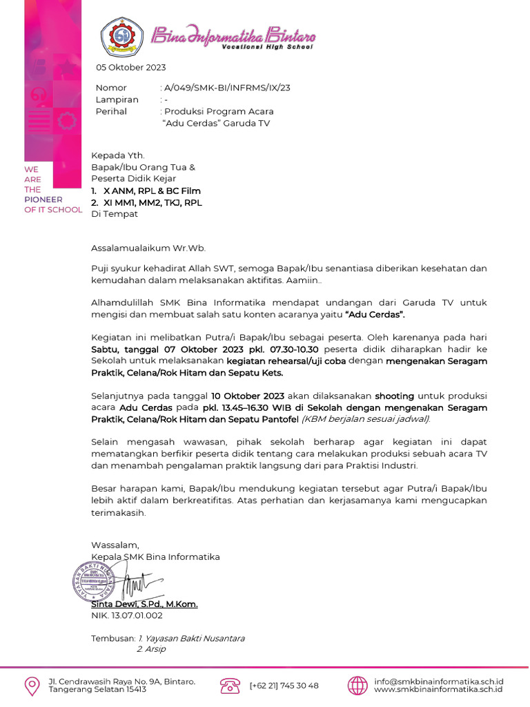 Surat Program Adu Cerdas Garuda TV | PDF