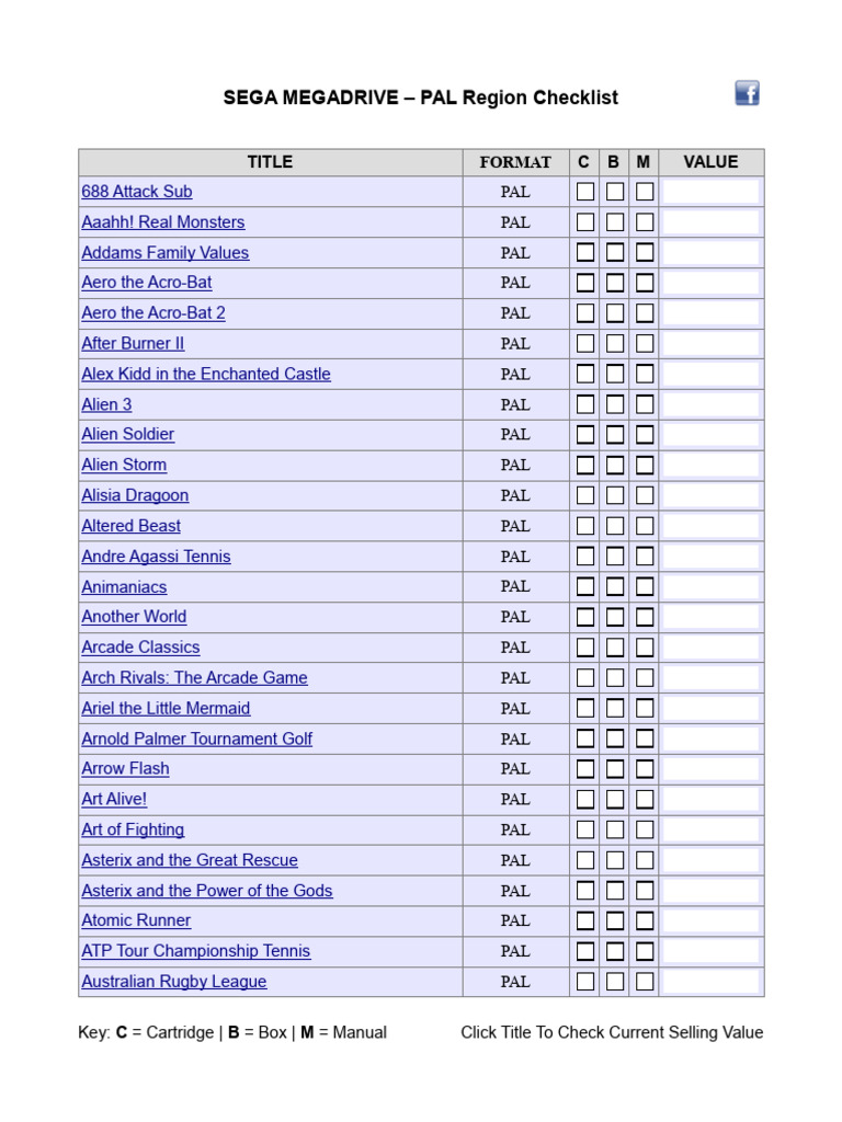 Sega Megadrive Pal Catalogue Checklist v1 | PDF