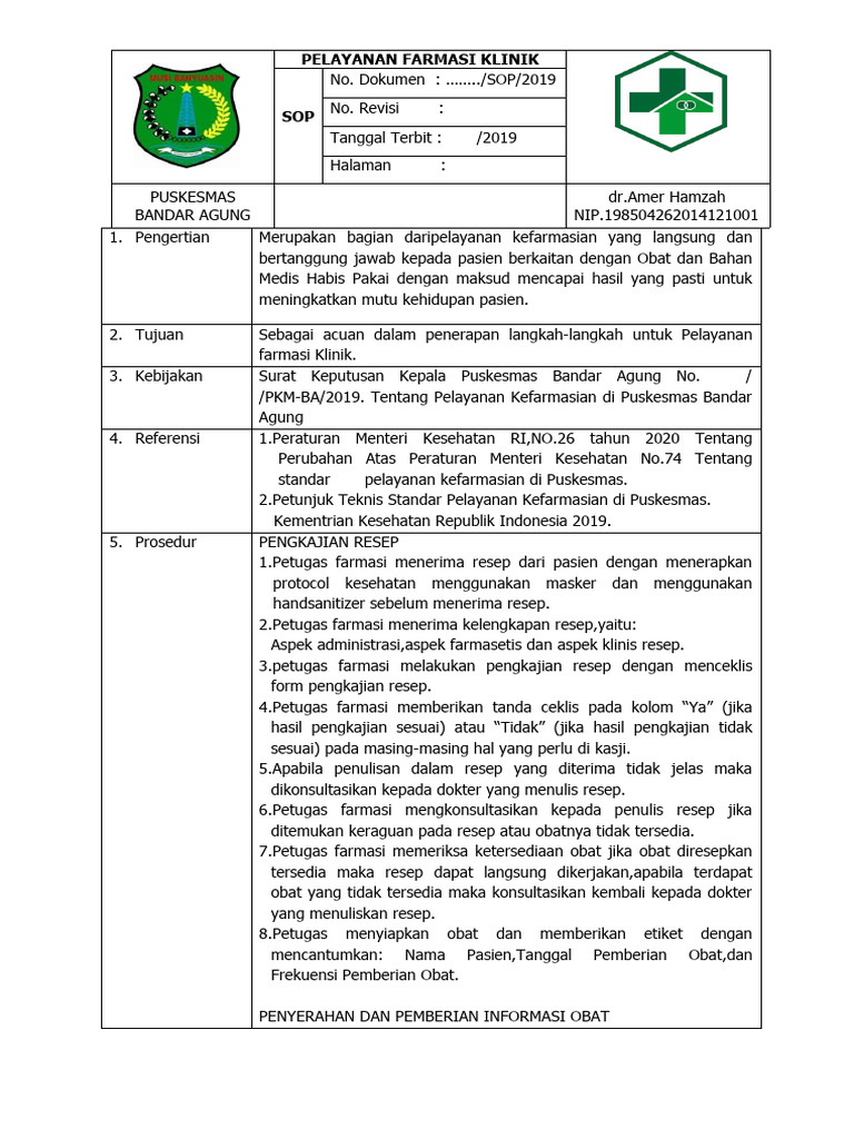 Sop Pelayanan Farmasi Klinik PKM Bandar Agung Fix | PDF