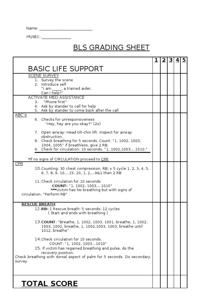 Bls Grading Sheet Basic Life Support: Total Score | PDF | Survival ...