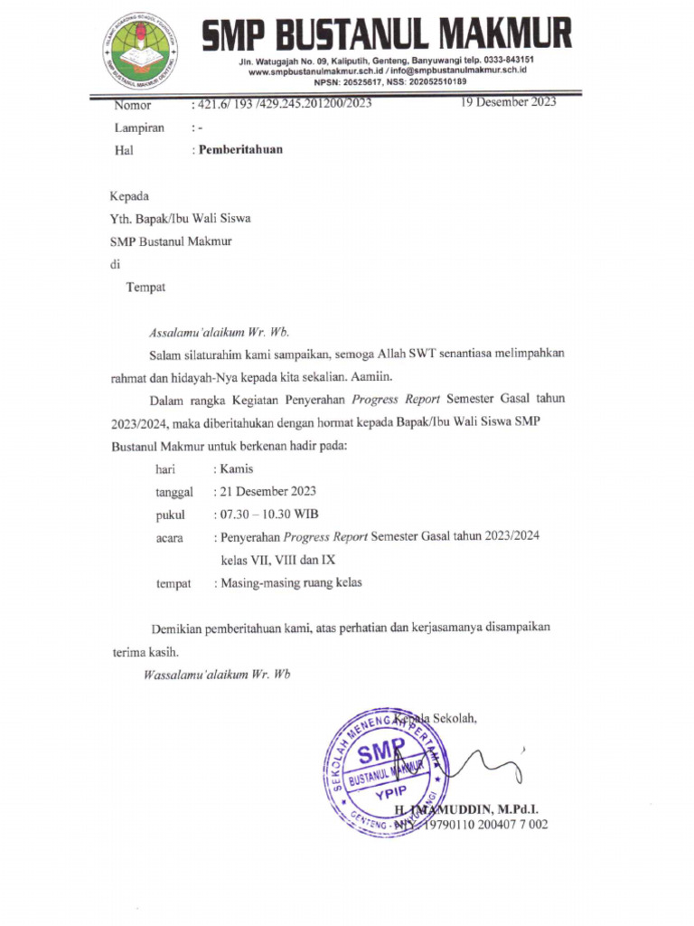 Surat Pemberitahuan Penyerahan Progress Report Semester Gasal | PDF