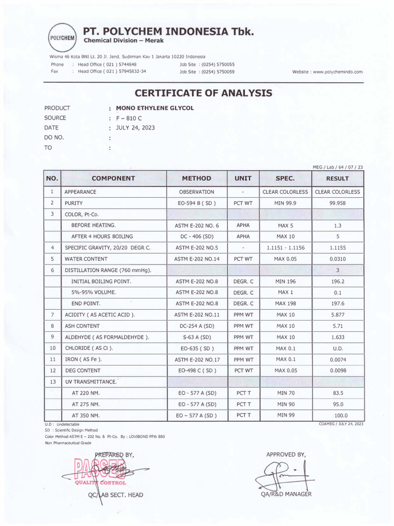 COA MEG Polychem | PDF | Products Of Chemical Industry | Molecules