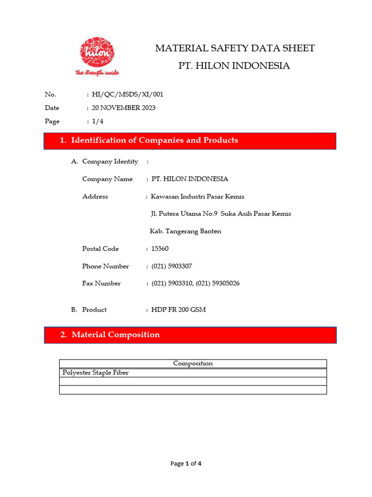 Msds HDB FR 200 GSM 10 MM | PDF | Safety | Occupational Safety And Health