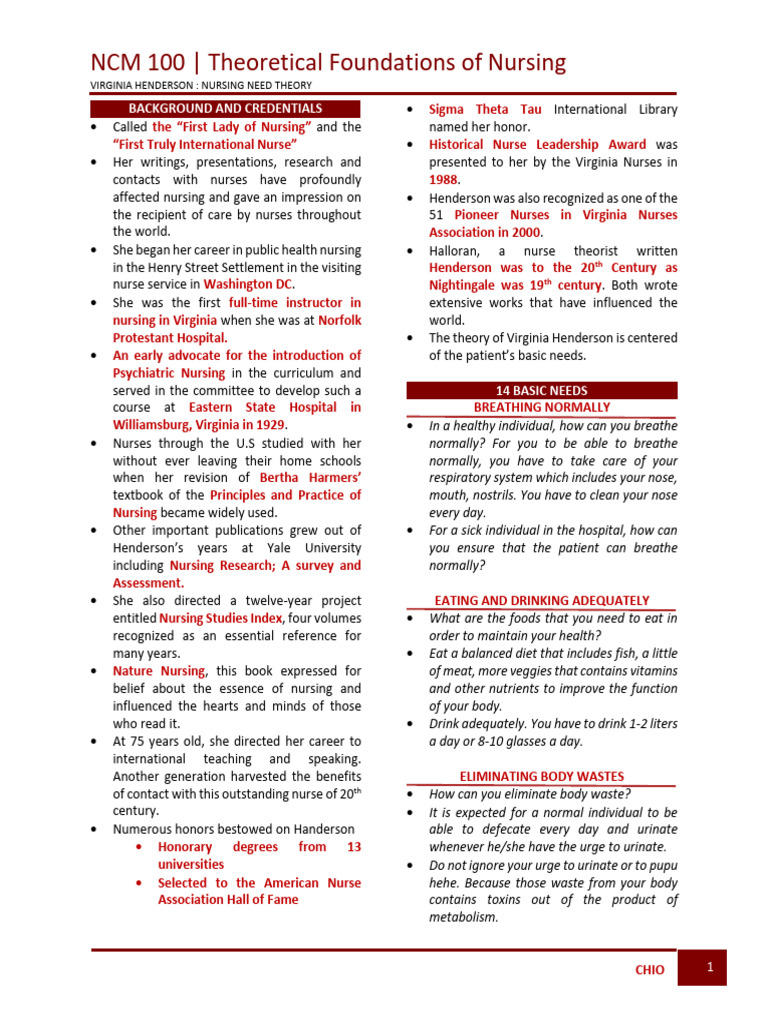 Virginia Henderson Nursing Needs Theory | PDF | Nursing | Patient