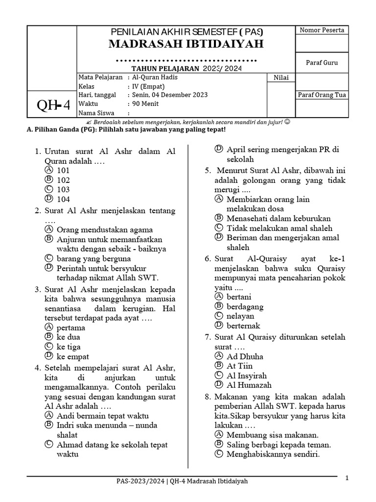 Soal PAS-2023-2024 QH-4 | PDF