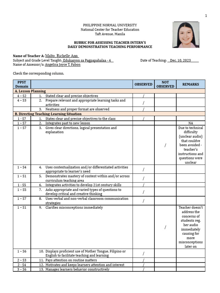 Rubric For Assessing Teacher Intern'S Daily Demonstration Teaching Performance Name of Teacher A ...