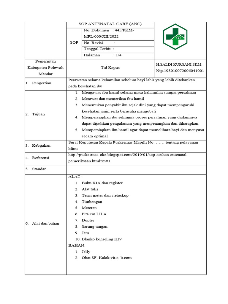 Sop Antenatal Care HSN | PDF