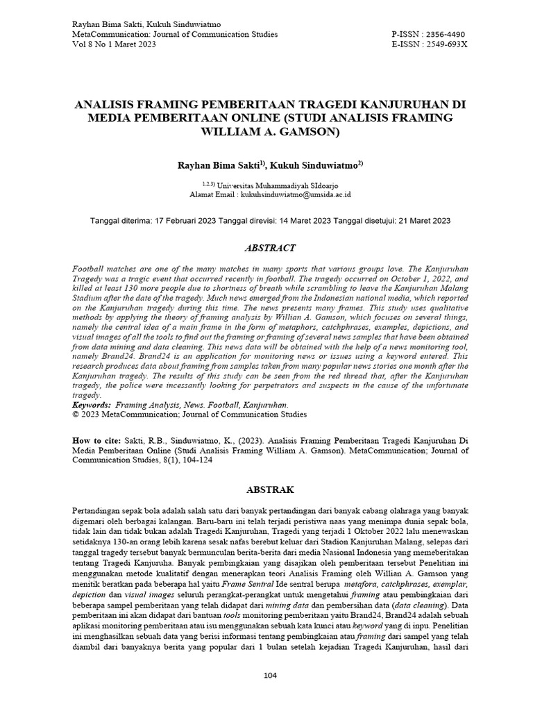 Analisis Framing Pemberitaan Tragedi Kanjuruhan Di Media Pemberitaan Online (Studi Analisis ...